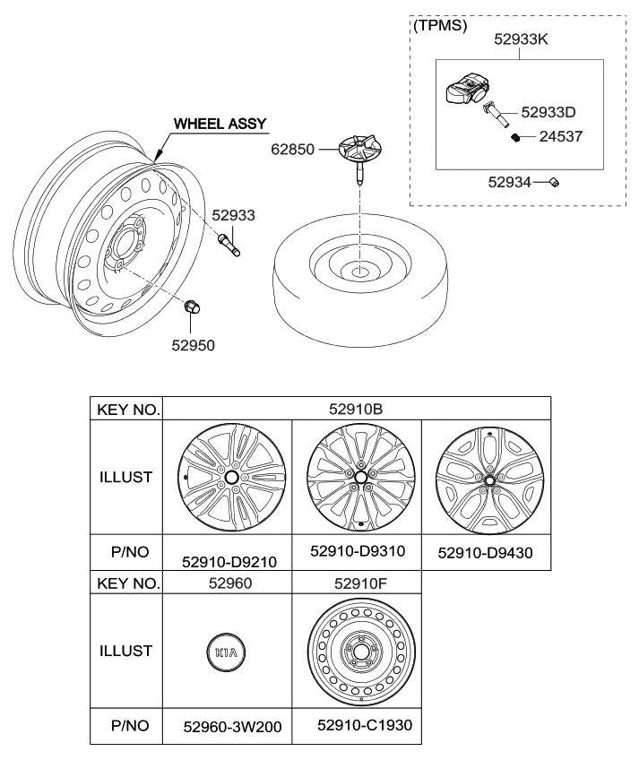 52910D9310 - Genuine Kia WHEEL ASSEMBLY-ALUMINUM
